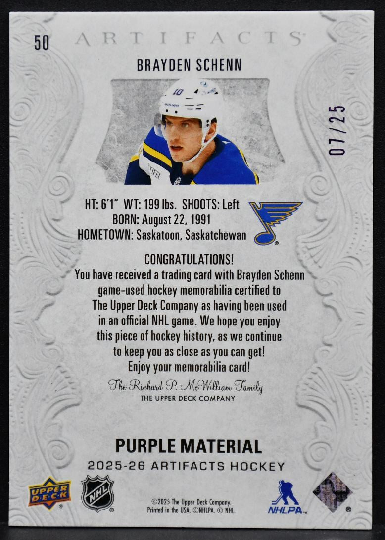 2025-26 Upper Deck Artifacts Purple Material Brayden Schenn 50 07/25 P ...