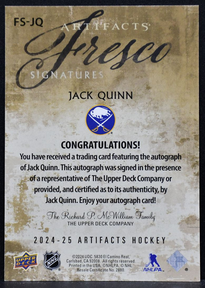 2024-25 UD Artifacts Fresco Signatures Jack Quinn FS-JQ Buffalo Sabres ...