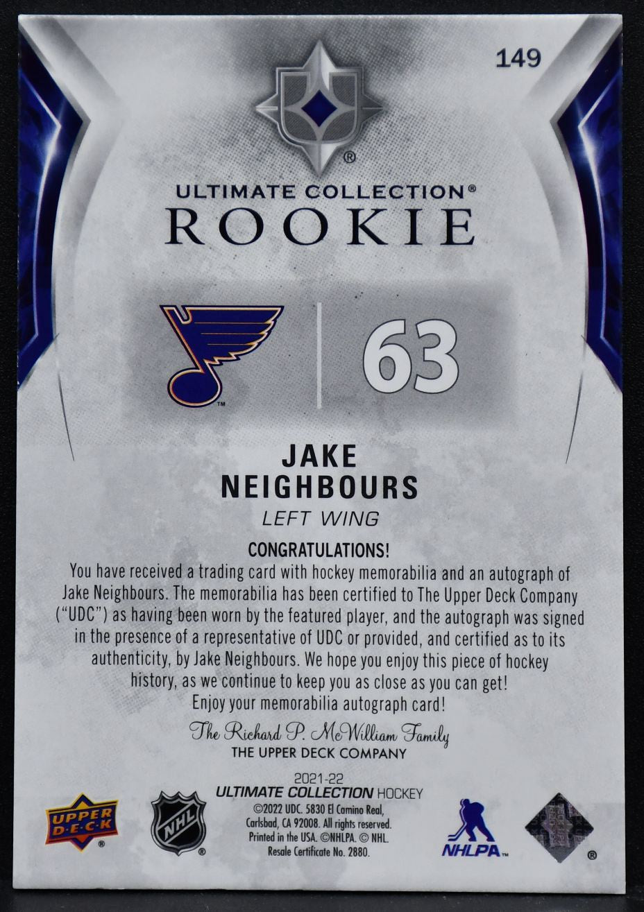 2021-22 UD Ultimate Rookies Auto Patch Jake Neighbours 149 RC Auto /99 ...