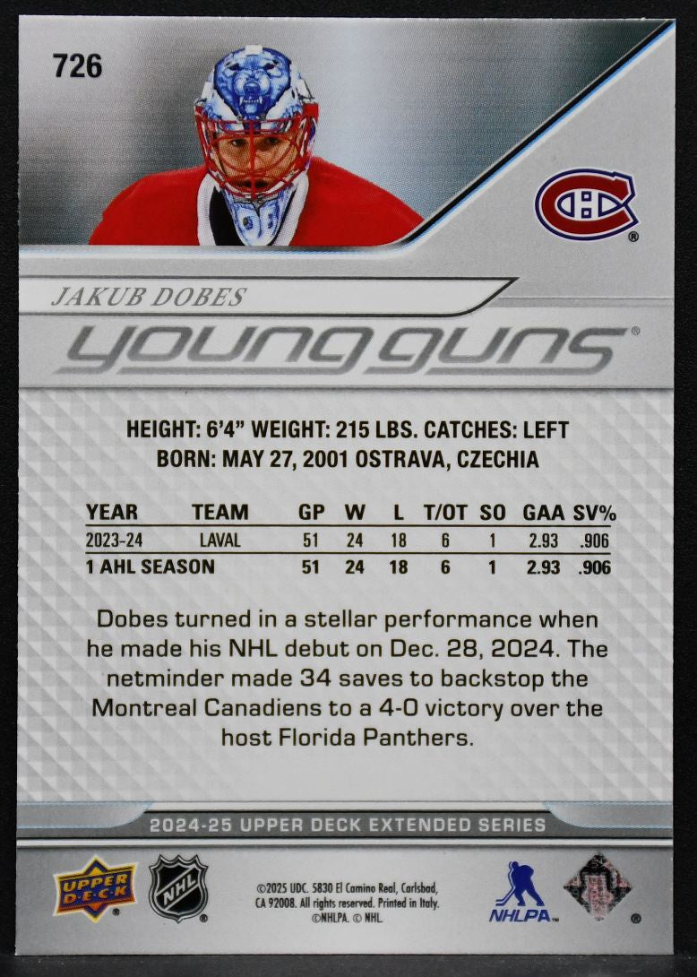 2024-25 Upper Deck Extended Series Young Guns Jakub Dobes 726 RC ...