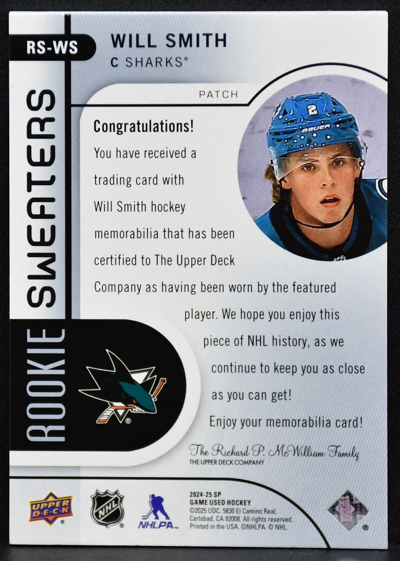2024-25 SP Game Used Will Smith RS-WS San Jose Sharks RC 03/49 Patch ...