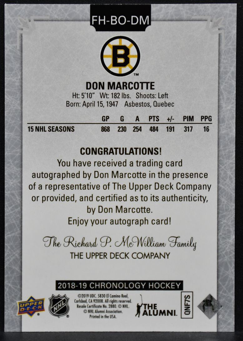 2018-19 UD Chronology Auto Don Marcotte FH-BO-DM Boston Bruins Auto ...