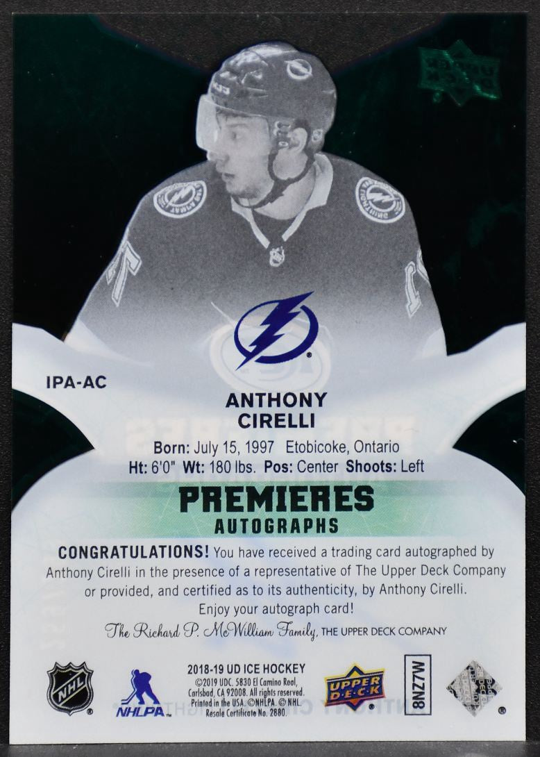 2018-19 UD Ice Premieres Autographs Anthony Cirelli IPA-AC Lightning A ...