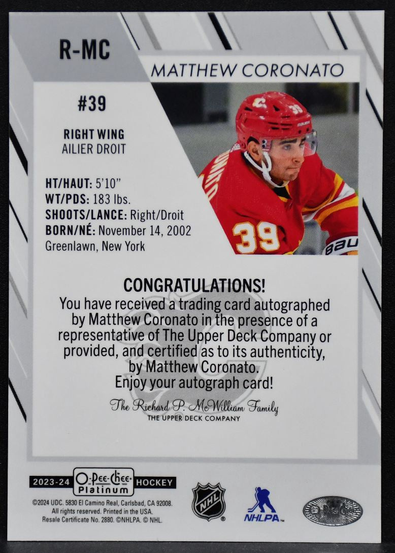 2023-24 O-Pee-Chee Platinum Rookie Auto Matthew Coronato R-MC RC Auto ...