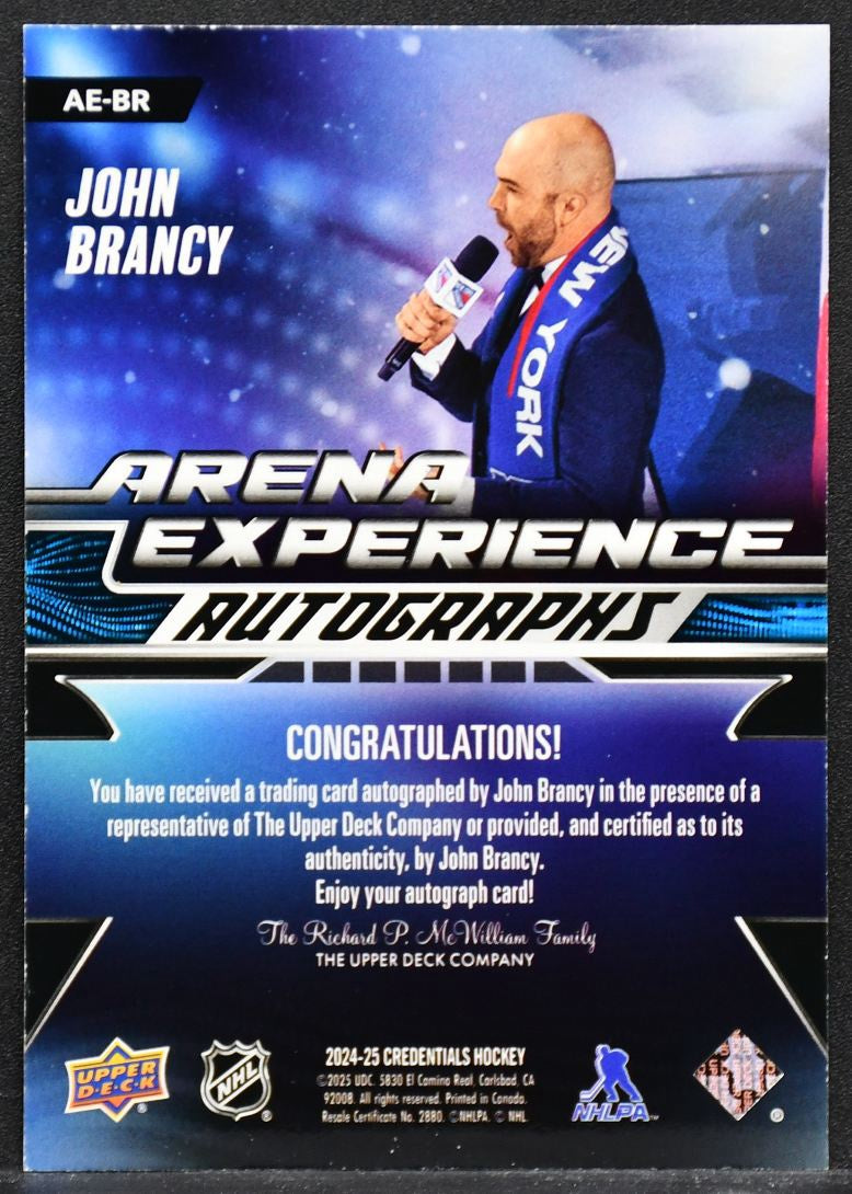 2024-25 UD Credentials Arena Experience Autographs John Brancy AE-BR A ...