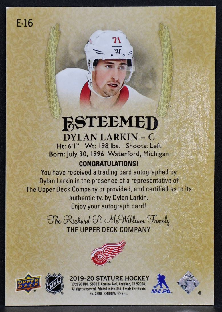 2019-20 UD Stature Esteemed Auto Dylan Larkin E-16 Detroit Red Wings A ...