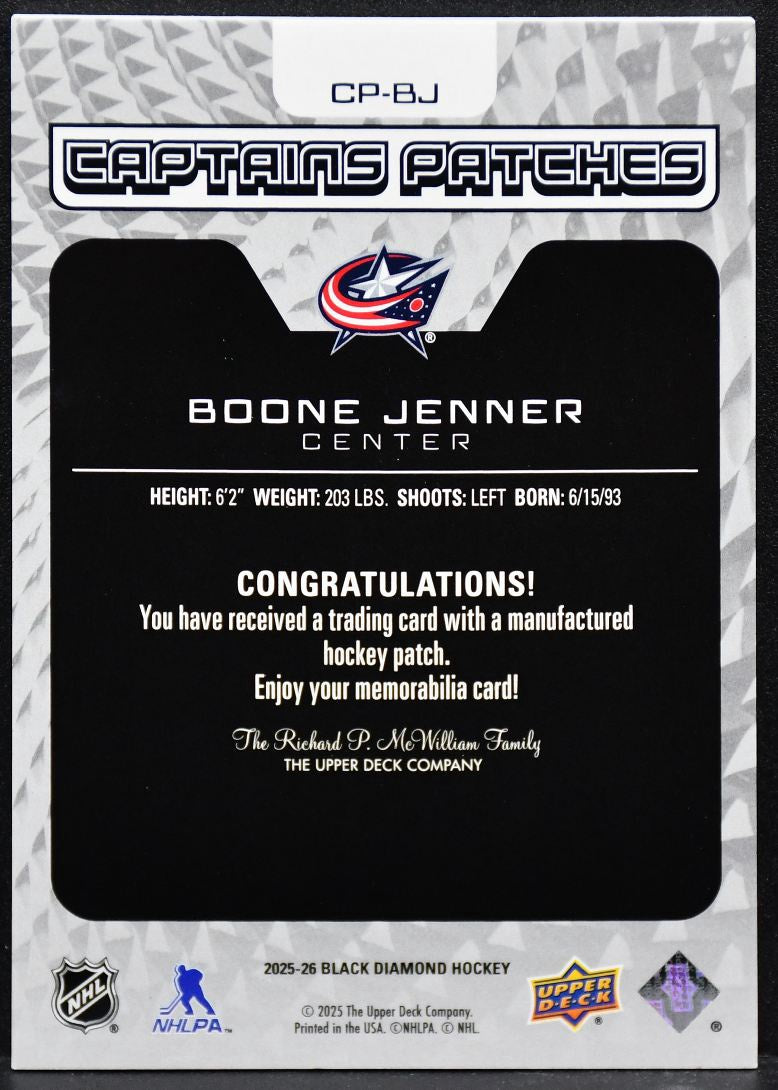 2025-26 UD Black Diamond Captains Patches Boone Jenner CP-BJ C Patch ...