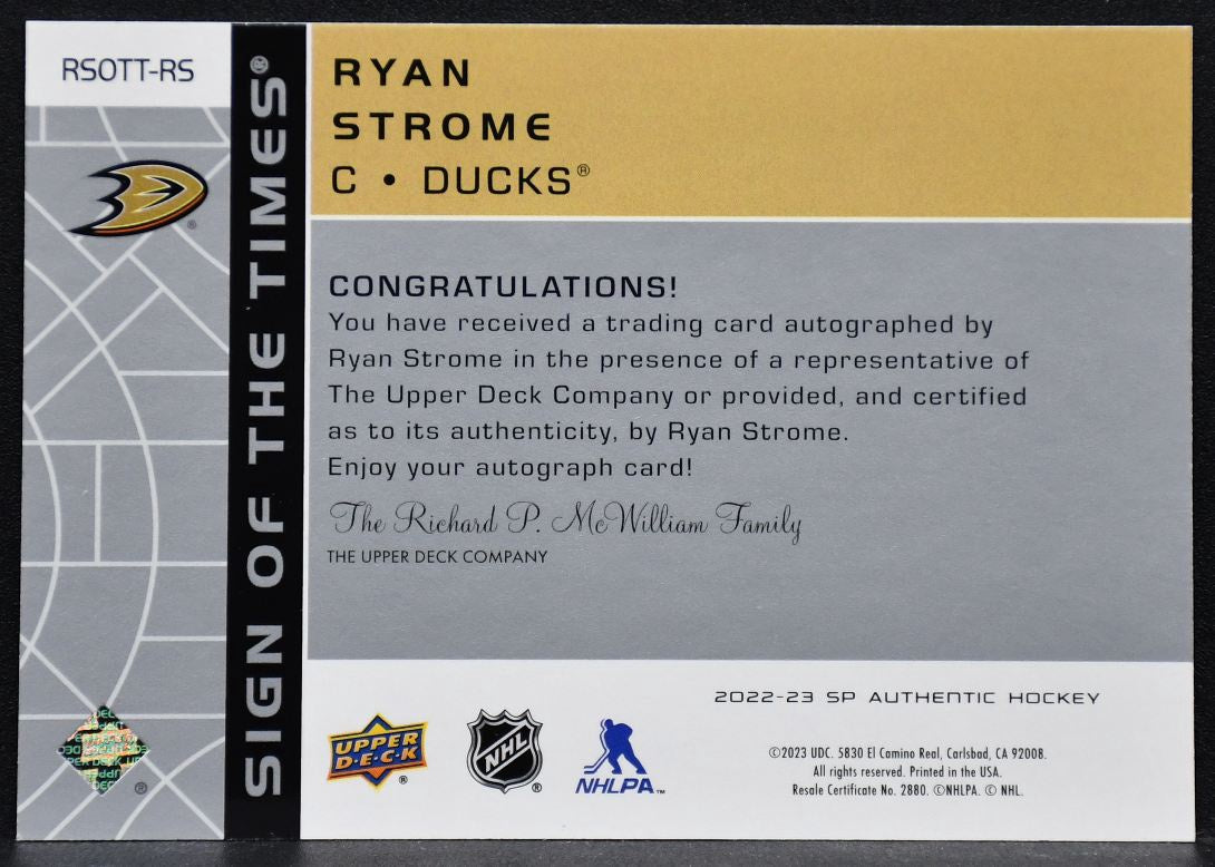 2024-25 SP Authentic Retro Sign of the Times Ryan Strome RROTT-RS Duck ...