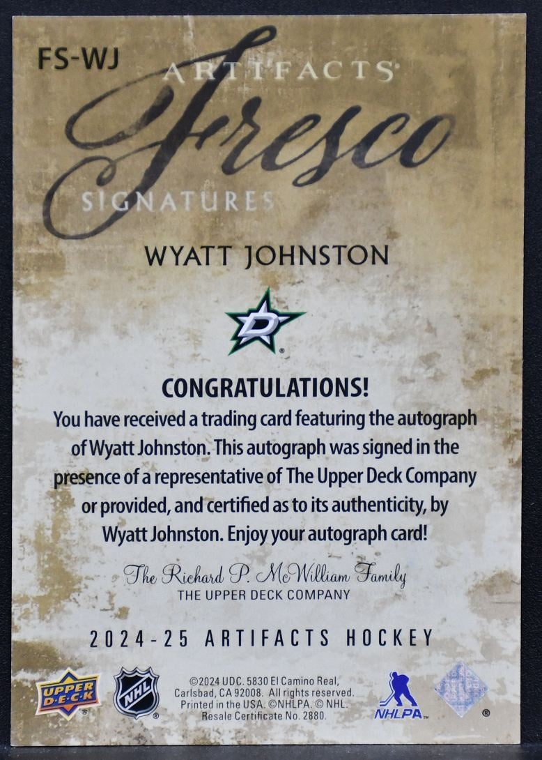 2024-25 UD Artifacts Fresco Signatures Wyatt Johnston FS-WJ Dallas Sta ...