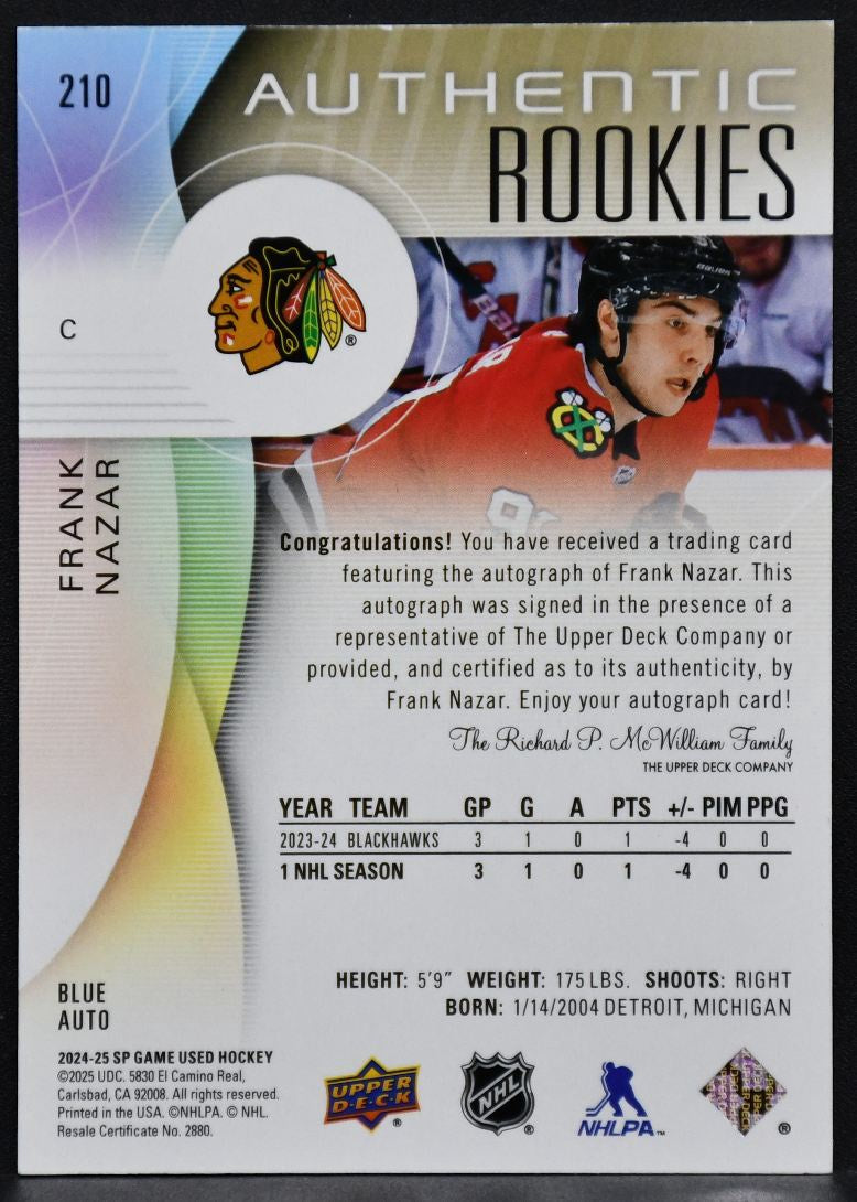 2024-25 SP Game Used Authentic Rookies Auto Blue Frank Nazar 210 RC Au ...