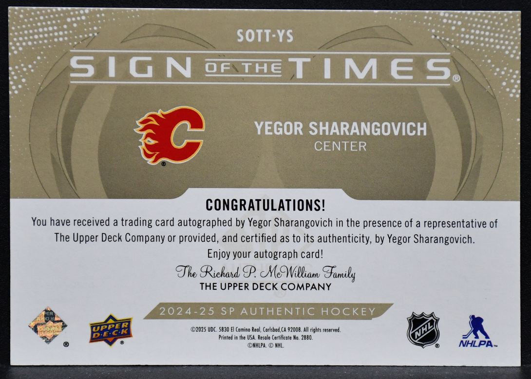 24-25 SP Authentic Sign of the Times Black Yegor Sharangovich SOTT-YS ...