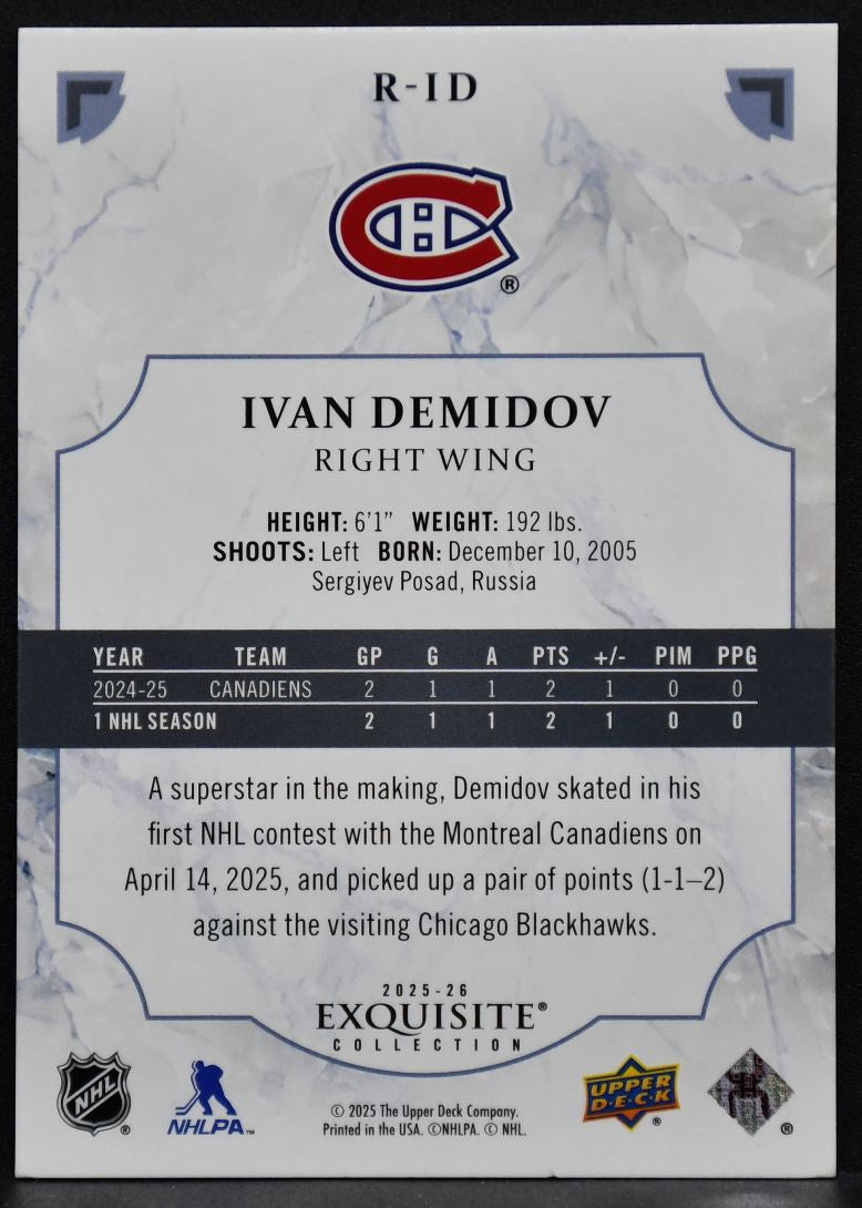 2025-26 UD Black Diamond Exquisite Collection Rookies Ivan Demidov R-I ...