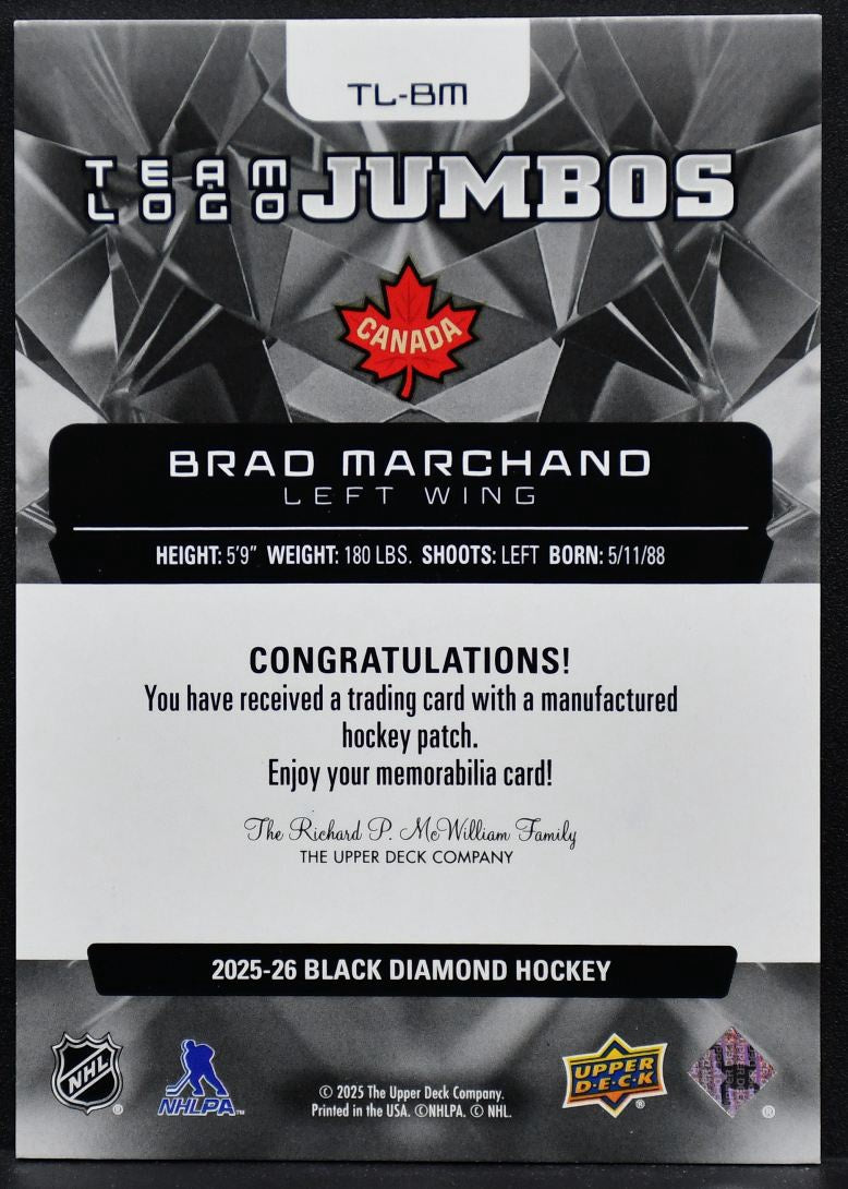 2025-26 UD Black Diamond Team Logo Jumbos Brad Marchand TL-BM Canada P ...