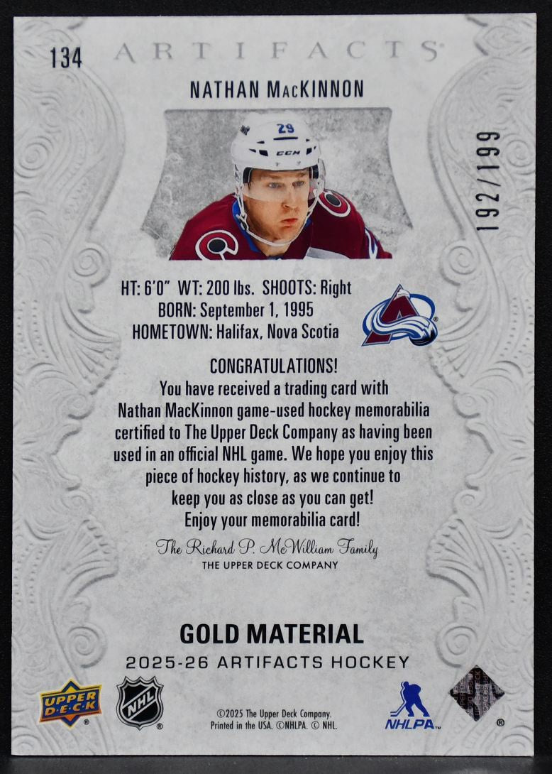 2025-26 UD Artifacts Nathan MacKinnon 134 Colorado Avalanche 192/199 J ...
