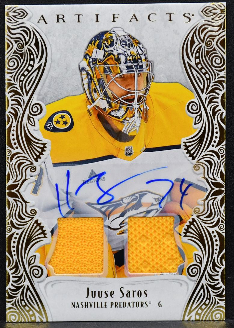 2025-26 UD Artifacts Gold Material Auto Juuse Saros 142 Auto 02/45 Jer ...