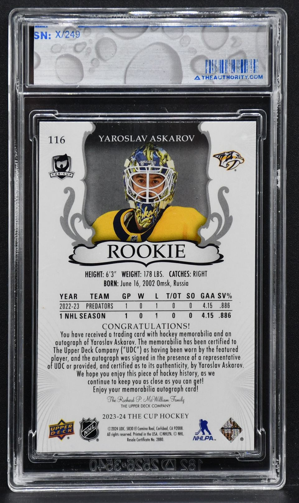 2023-24 UD The Cup Rookie Auto Patch Yaroslav Askarov 116 RC Auto 154 ...