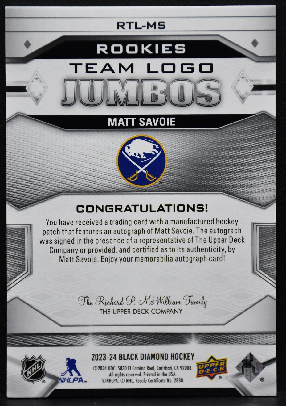 2023-24 UD Black Diamond Rookie Team Logo Jumbos Matt Savoie RTL-MS Au ...