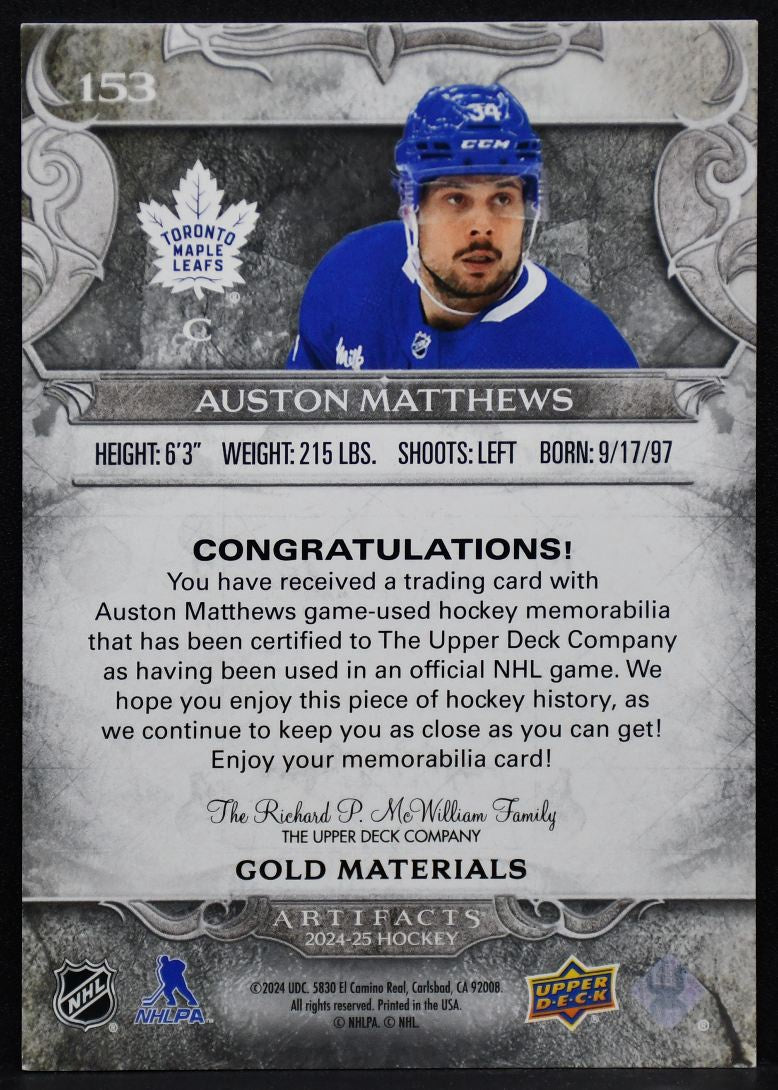 2024-25 UD Artifacts Auston Matthews 153 Toronto Maple Leafs 010/199 J ...