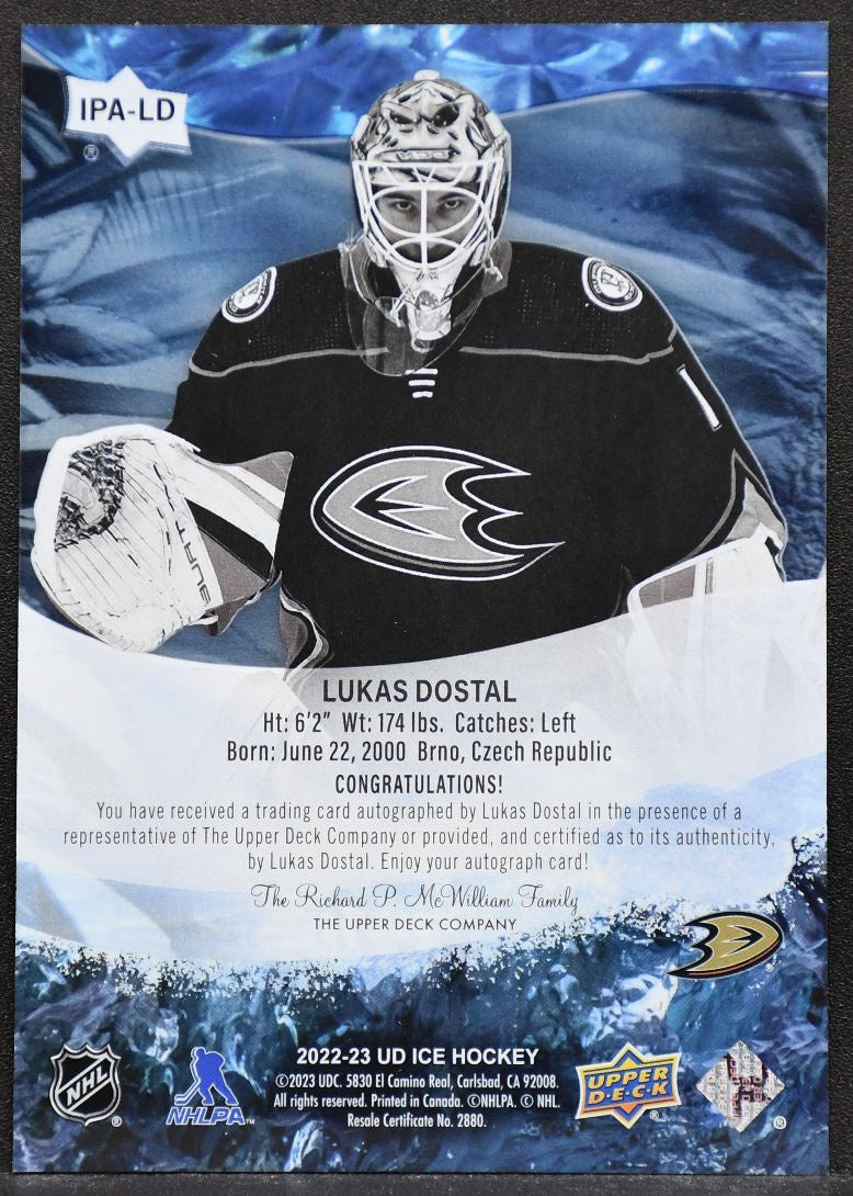 2022-23 UD Ice Premieres Auto Lukas Dostal IPA-LD Anaheim Ducks Auto 1 ...