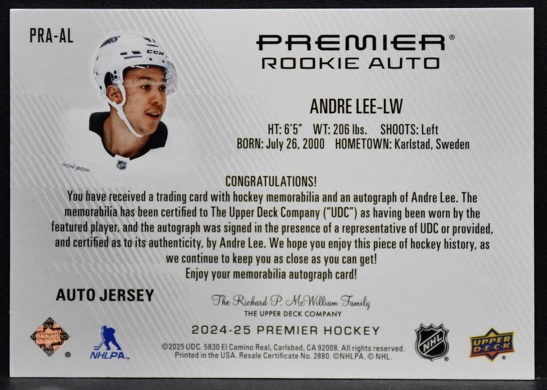 2024-25 Upper Deck Premier Rookie Auto Jersey Andre Lee PRA-AL Auto 32 ...