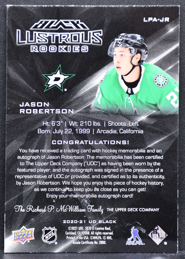 2020-21 UD Black Lustrous Rookies Auto Patch Jason Robertson LPA-JR RC ...