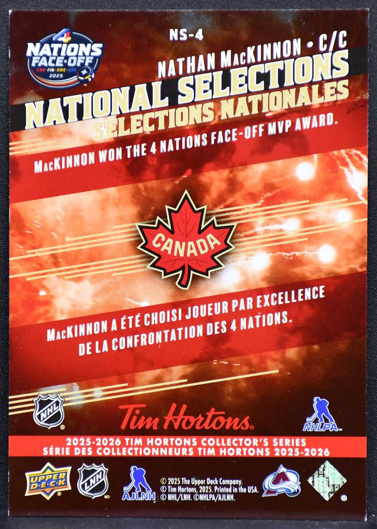 2025-26 UD Tim Hortons National Selections Nathan MacKinnon NS-4 / Tea ...
