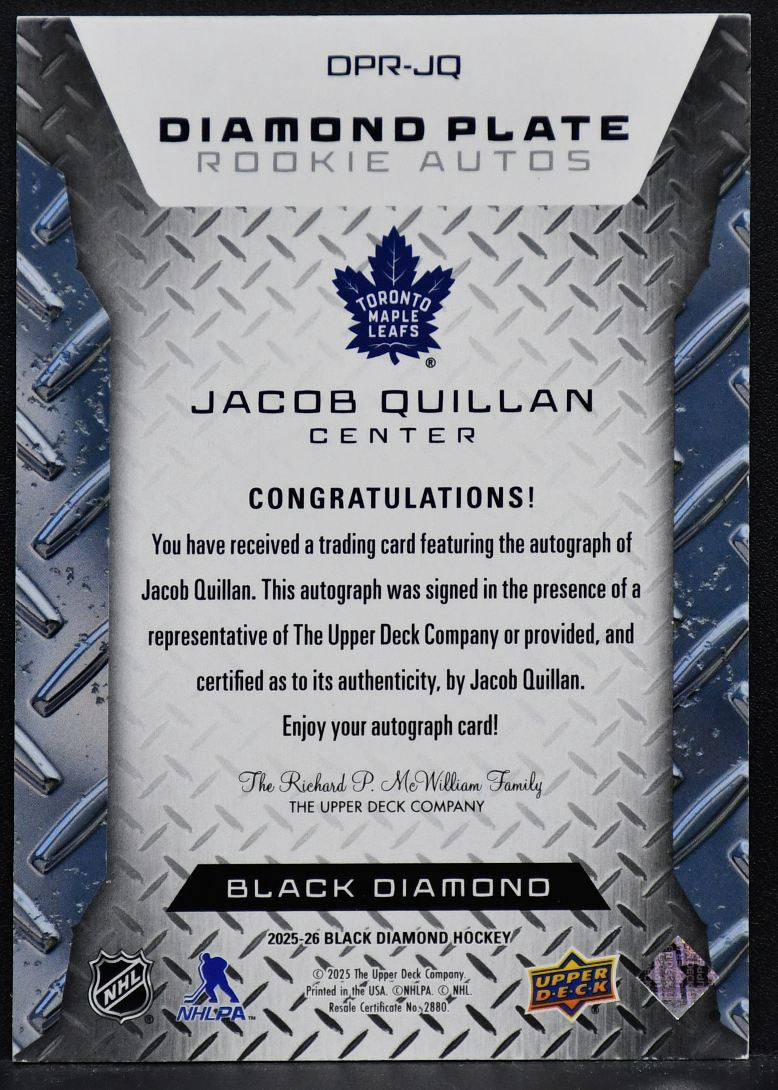 2025-26 UD Black Diamond Plate Rookie Autos Jacob Quillan DPR-JQ RC Au ...