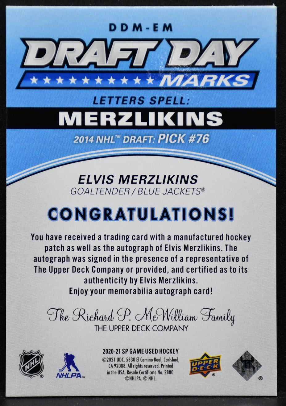 2020-21 SP Game Used Draft Day Marks Elvis Merzlikins DDM-EM RC Auto 2 ...