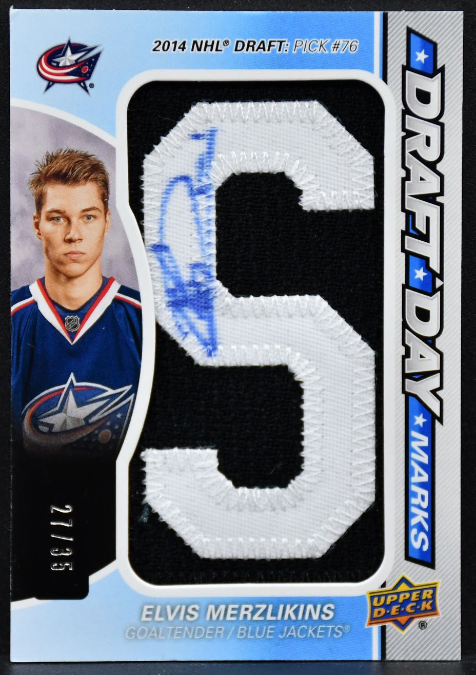 2020-21 SP Game Used Draft Day Marks Elvis Merzlikins DDM-EM RC Auto 2 ...