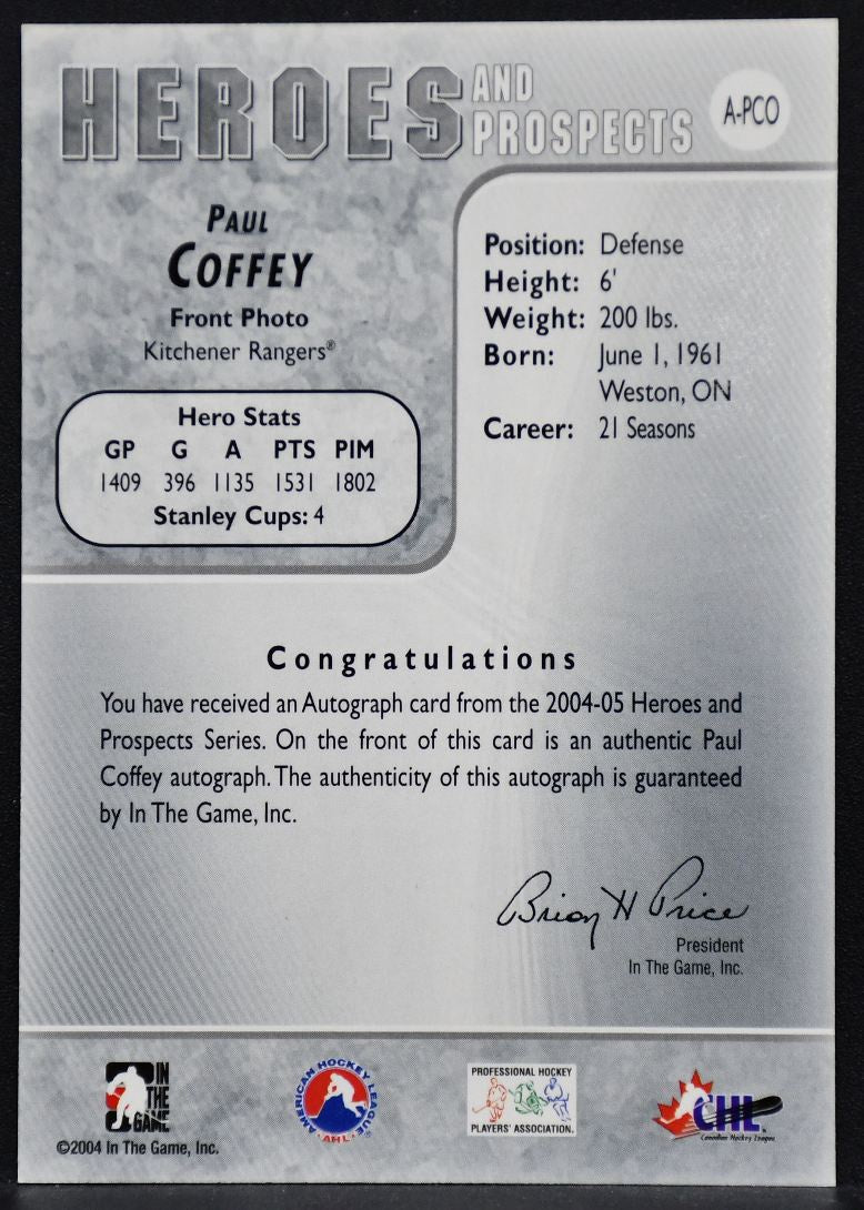 2004-05 In The Game Heroes and Prospects Autographs Paul Coffey A-PCO ...