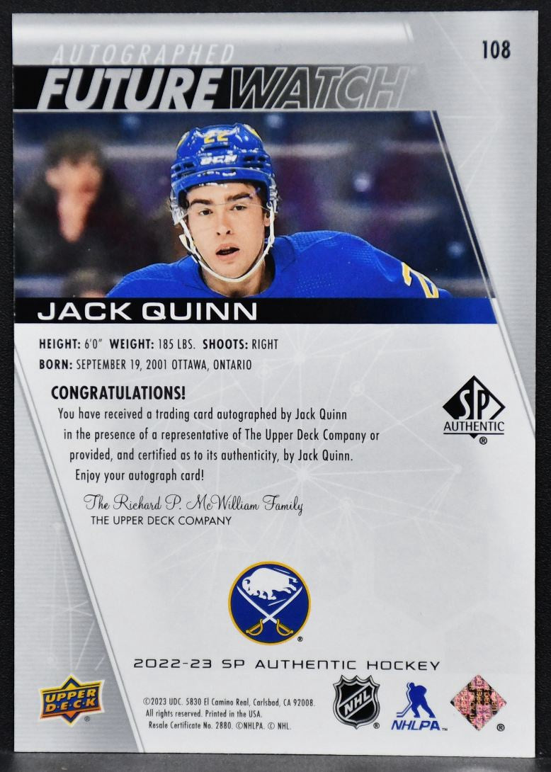 2022-23 SP Authentic Future Watch Auto Jack Quinn 108 RC Auto 662/999 ...