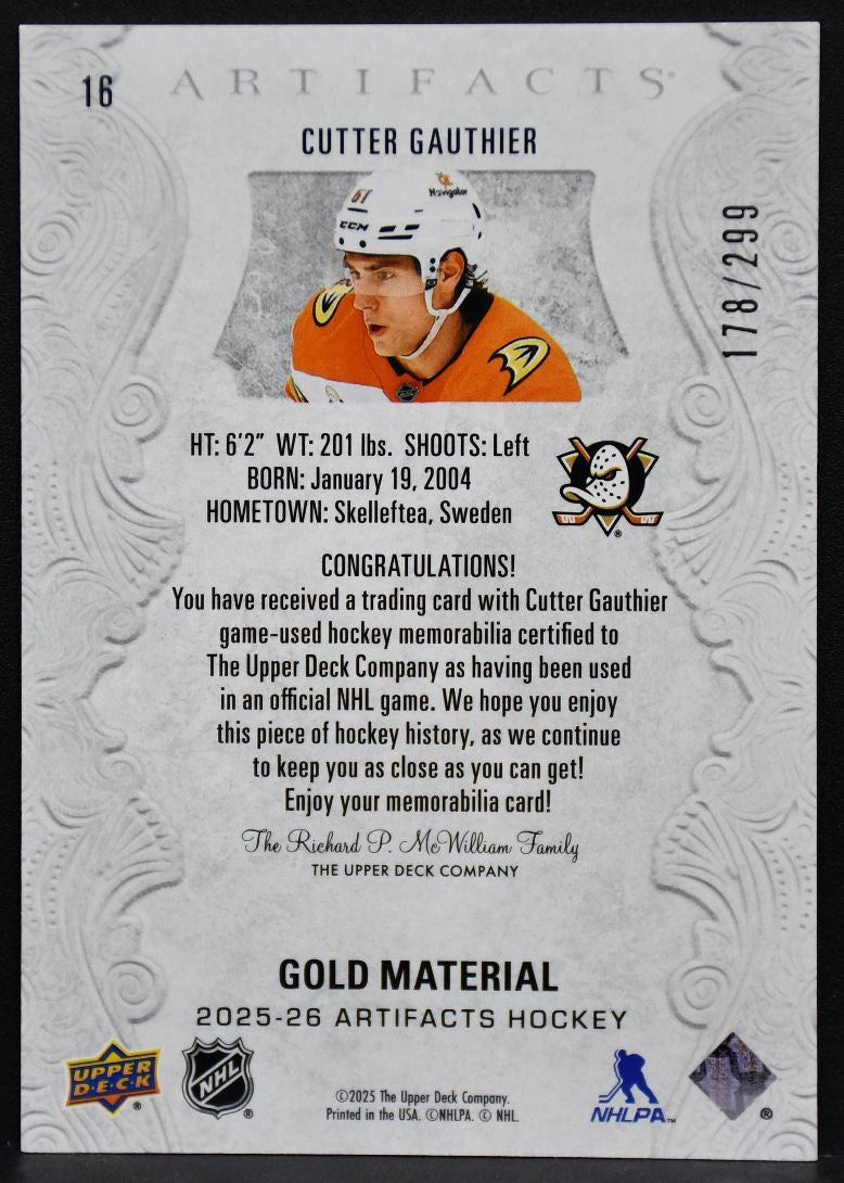 2025-26 UD Artifacts Gold Material Cutter Gauthier Anaheim Ducks /299 ...