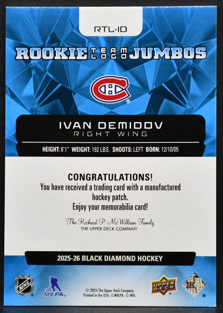 2025-26 UD Black Diamond Team Logo Jumbo Rookies Ivan Demidov RTL-ID R ...