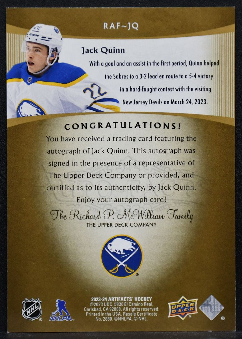 2023-24 UD Artifacts 2005-06 Retro Auto Facts Jack Quinn RAF-JQ Auto ...