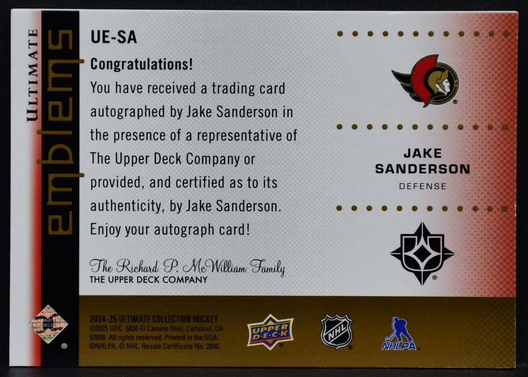 2024-25 UD Ultimate Collection Emblems Auto Gold Jake Sanderson UE-SA ...