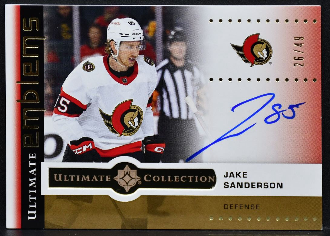 2024-25 UD Ultimate Collection Emblems Auto Gold Jake Sanderson UE-SA ...