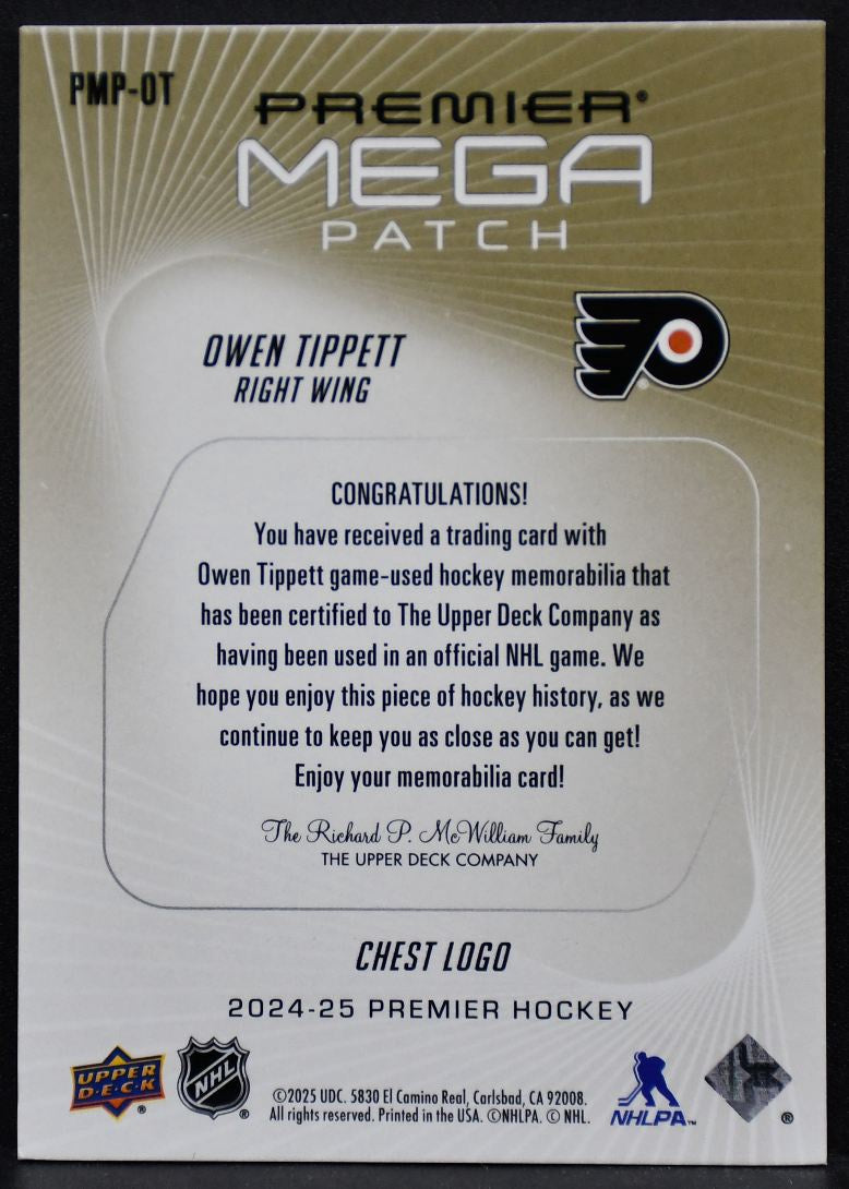 2024-25 UD Premier Mega Patch Chest Logo Owen Tippett PMP-OT 21/23 Pat ...
