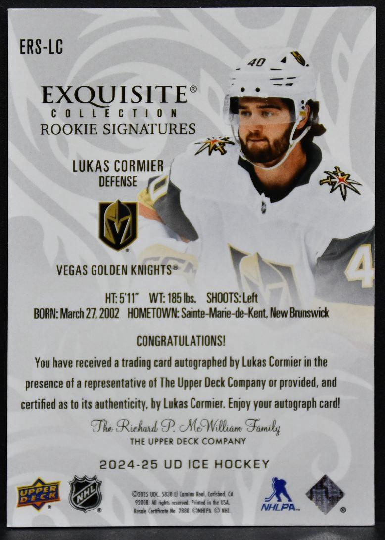 2024-25 UD Ice Exquisite Collection Rookie Signatures Lukas Cormier ER ...