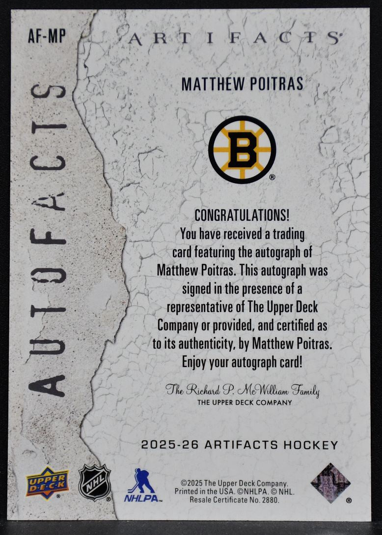 2025-26 UD Artifacts Autofacts Matthew Poitras AF-MP Boston Bruins Aut ...
