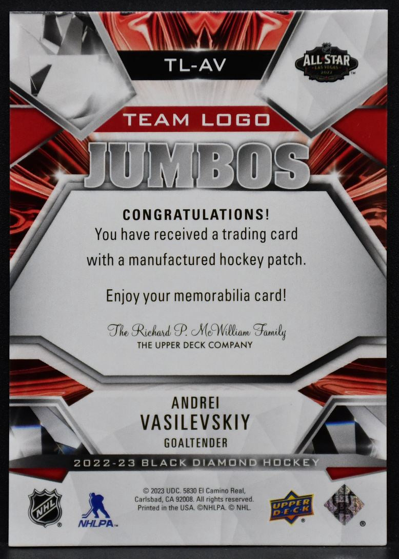 2022-23 UD Black Diamond Team Logo Jumbos Andrei Vasilevskiy TL-AV All ...