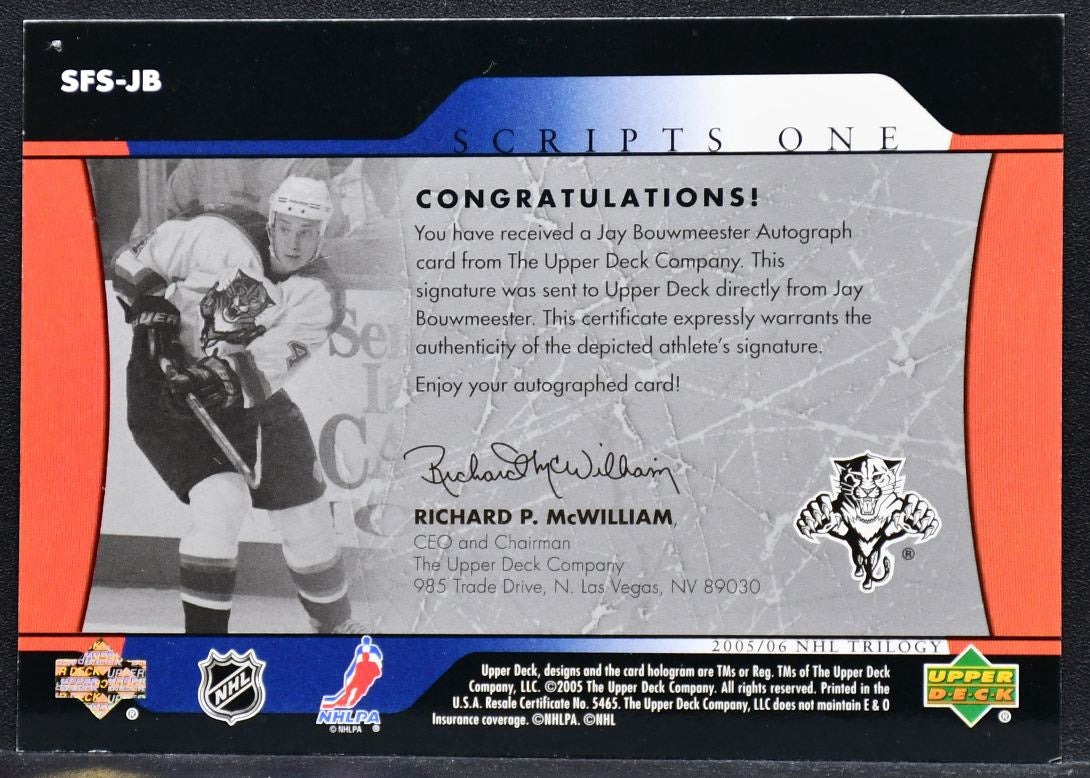 2005-06 UD Trilogy Scripts One Jay Bouwmeester SFS-JB Florida Panthers ...