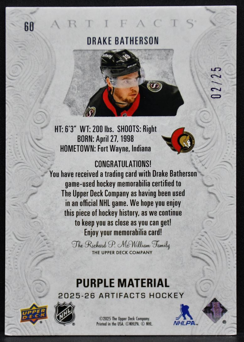 2025-26 Upper Deck Artifacts Purple Material Drake Batherson 60 02/25 ...