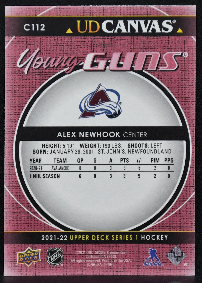 2021-22 UD Series 1 UD Canvas Young Guns Alex Newhook C112 Colorado Av ...