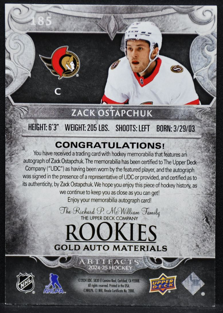 2024-25 UD Artifacts Rookies Gold Auto Materials Zack Ostapchuk Auto ...