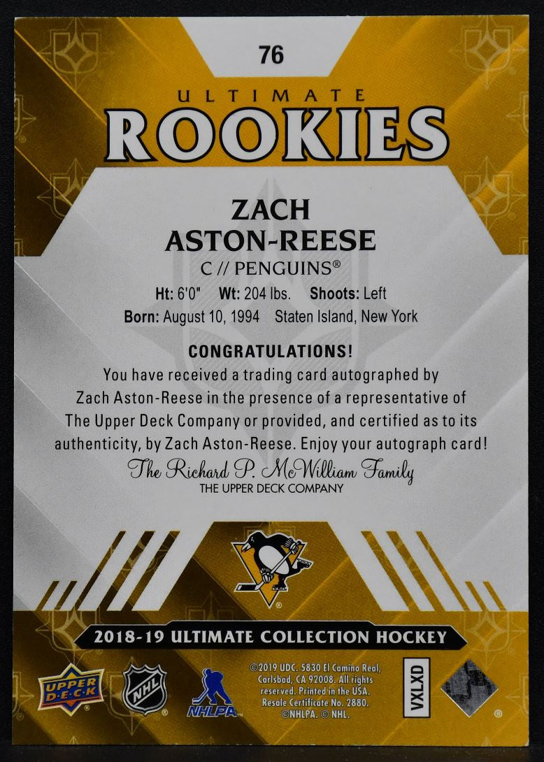 2018-19 UD Ultimate Collection Rookies Auto Zach Aston-Reese 76 RC Aut ...