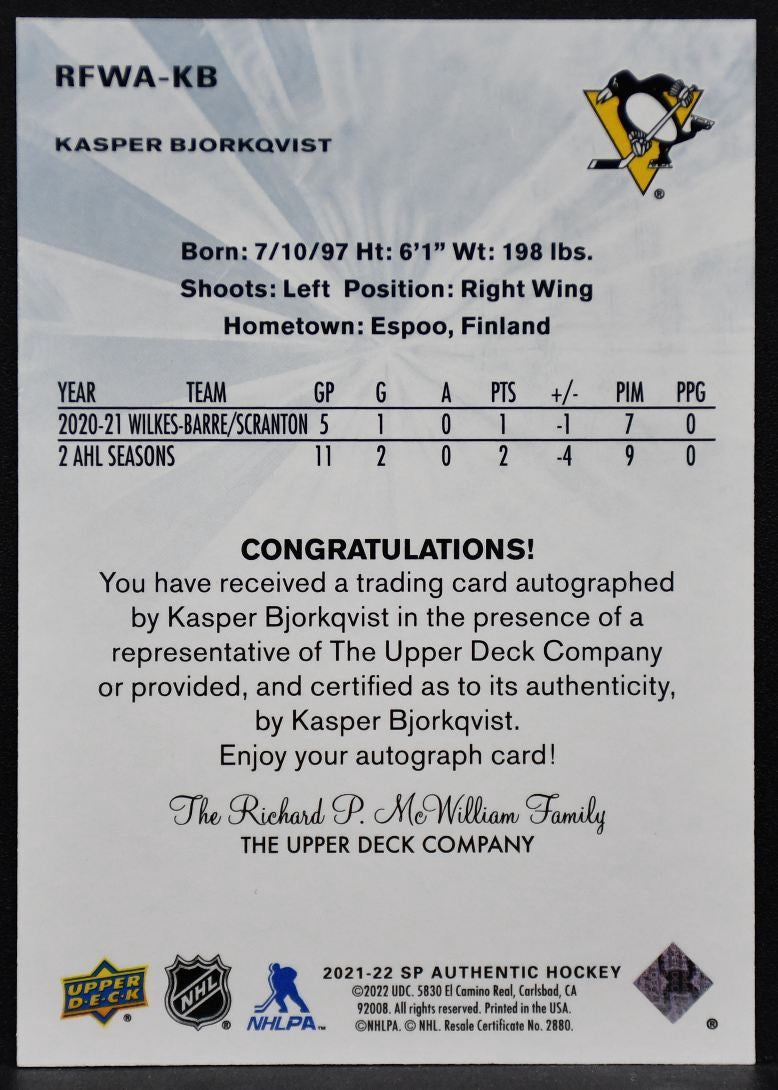 21-22 SP Authentic Retro Future Watch Auto Kasper Bjorkqvist RFWA-KB R ...