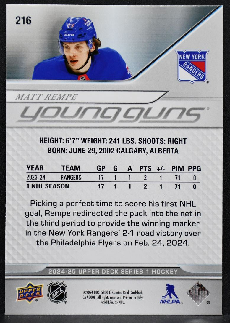 2024-25 UD Young Guns Matt Rempe 216 New York Rangers RC – Kingdom of ...